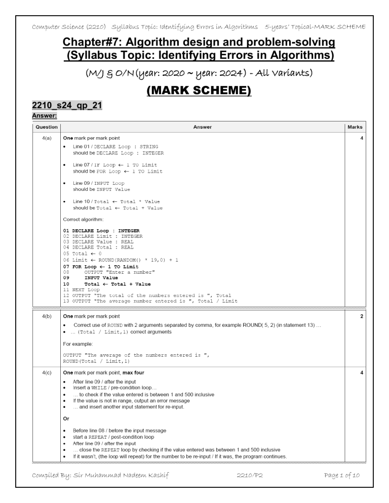 Computer Science Algorithm Errors Mark Scheme (2210)