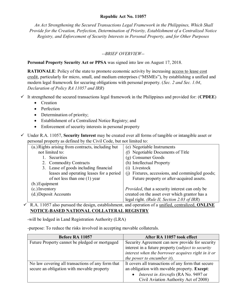 RA 11057: Personal Property Security Act Summary