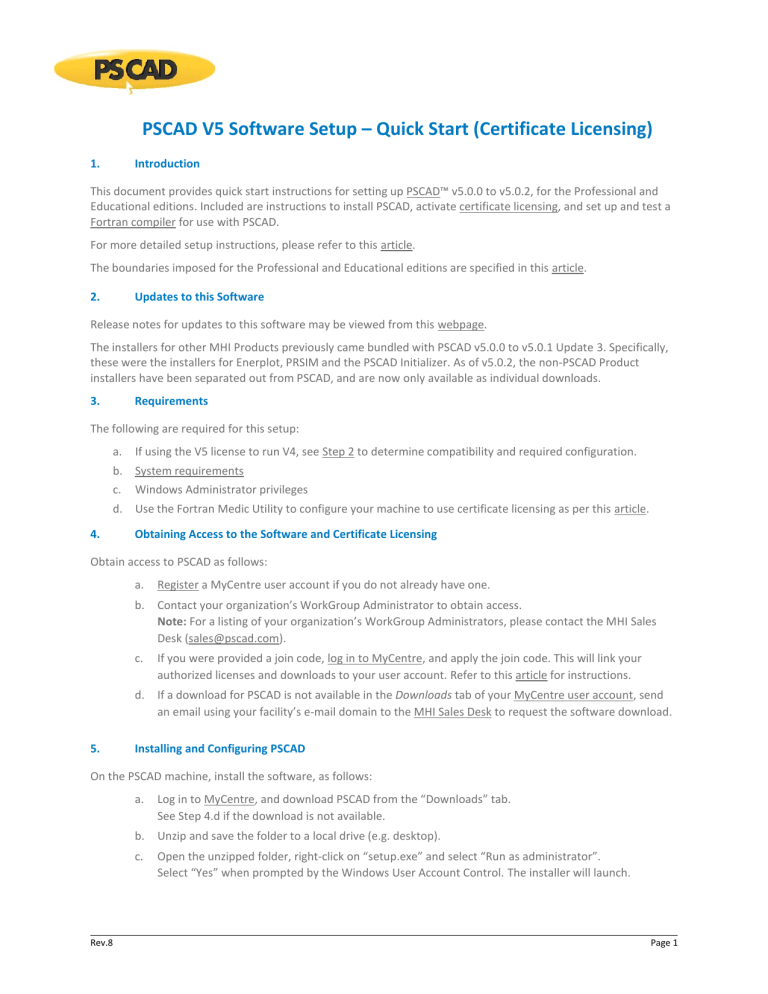 PSCAD V5 Setup: Quick Start Guide (Certificate Licensing)
