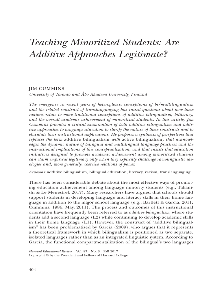Additive Bilingualism: Teaching Minoritized Students