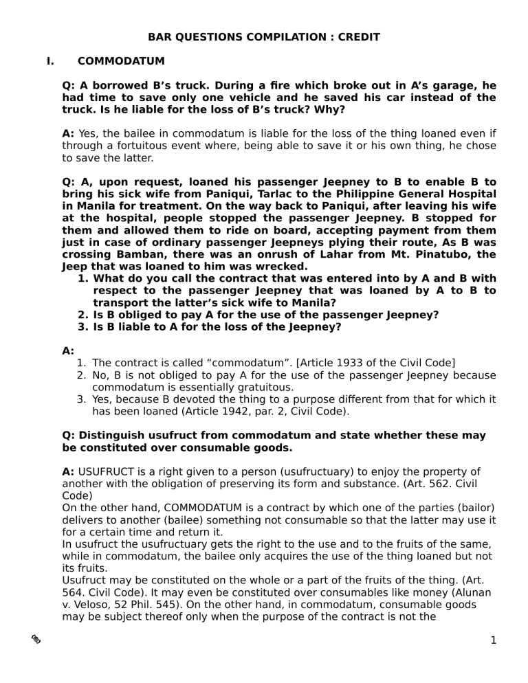 Bar Exam Questions: Commodatum & Mutuum