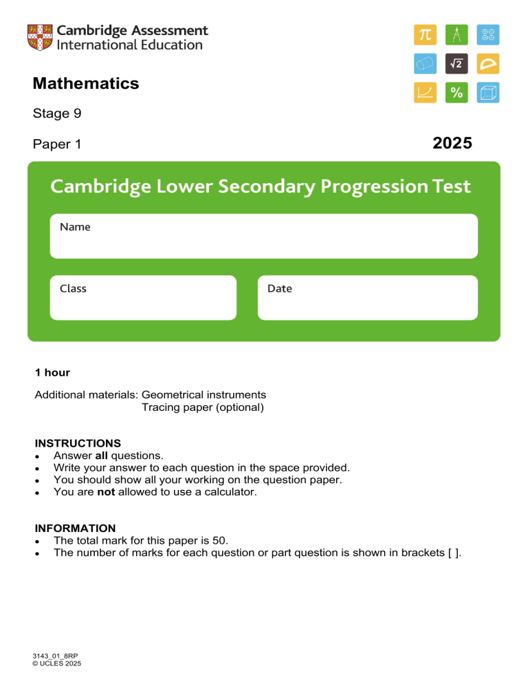Stage 9 Mathematics Paper 1 Exam 2025