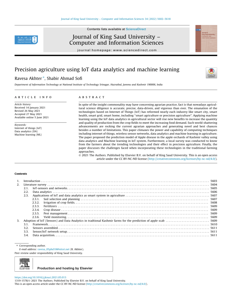 Precision Agriculture: IoT, Data Analytics & Machine Learning