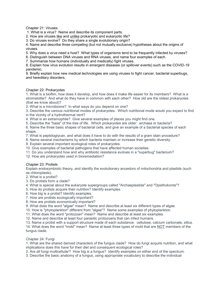 Biology Study Guide: Viruses, Prokaryotes, Protists, Fungi, Plants