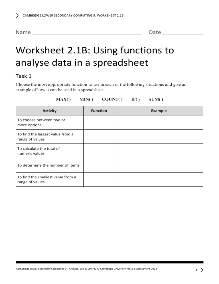 Spreadsheet Functions Worksheet: Data Analysis