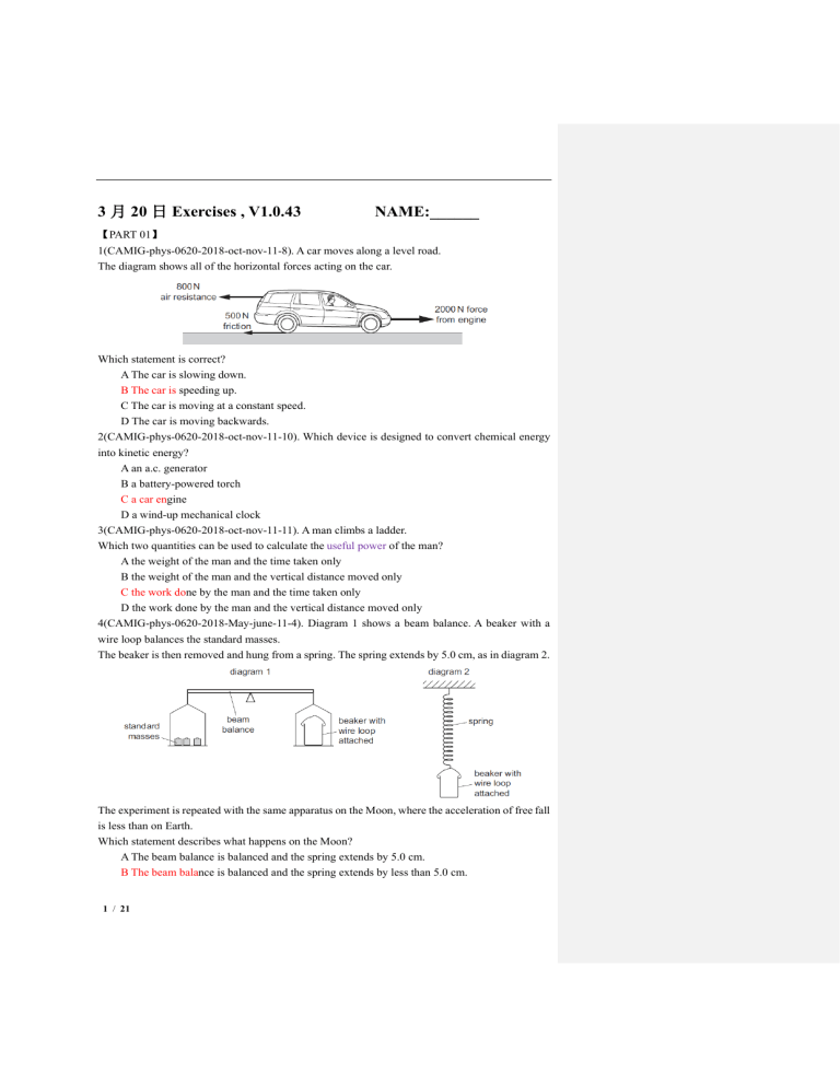Physics Exercises: Forces, Energy, Density, Pressure