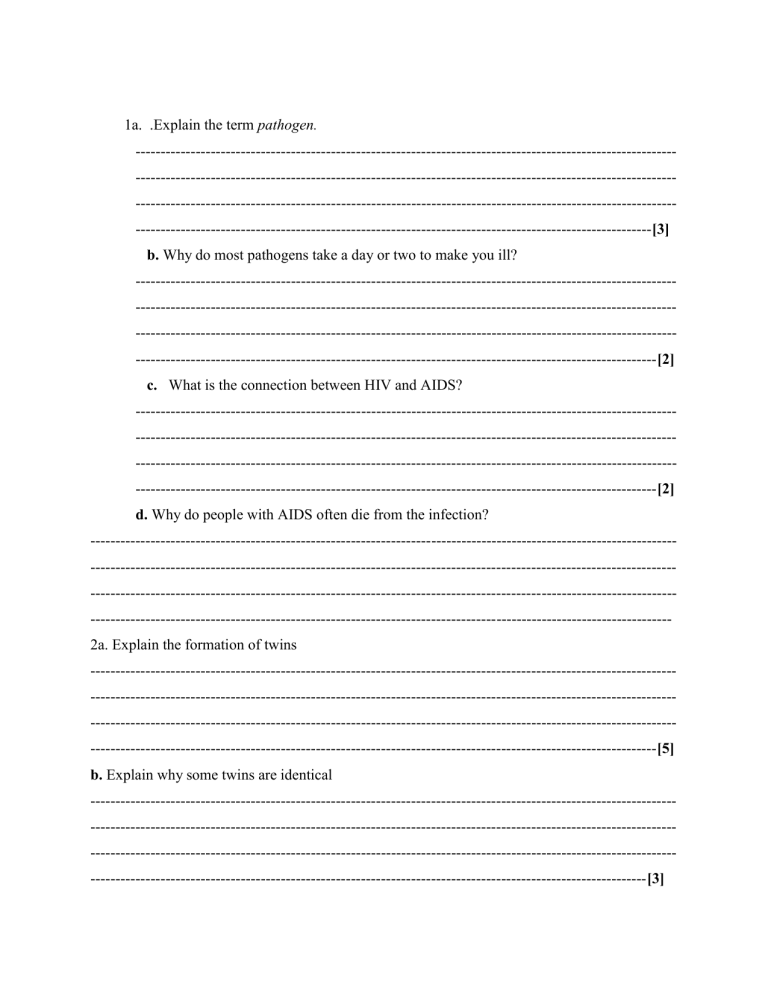 Biology & Health Exam Questions: Pathogens, HIV, Twins, Puberty