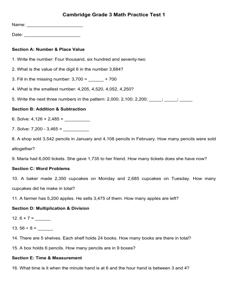 Grade 3 Math Practice Test - Cambridge Curriculum