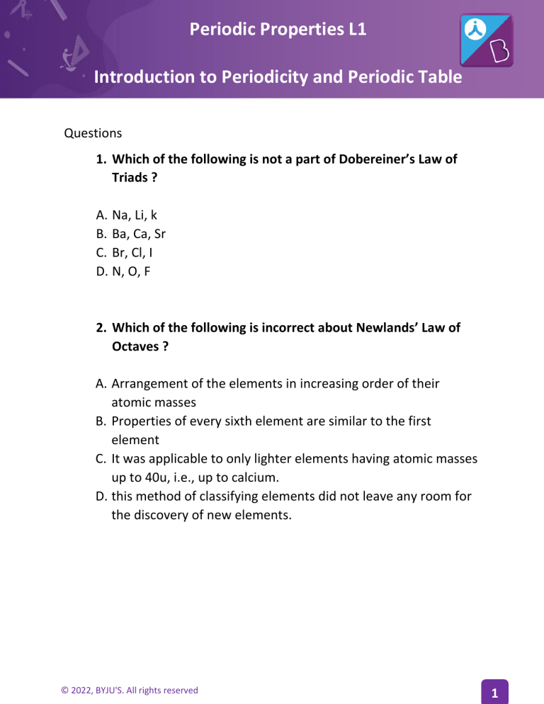 Periodic Properties & Periodic Table Worksheet