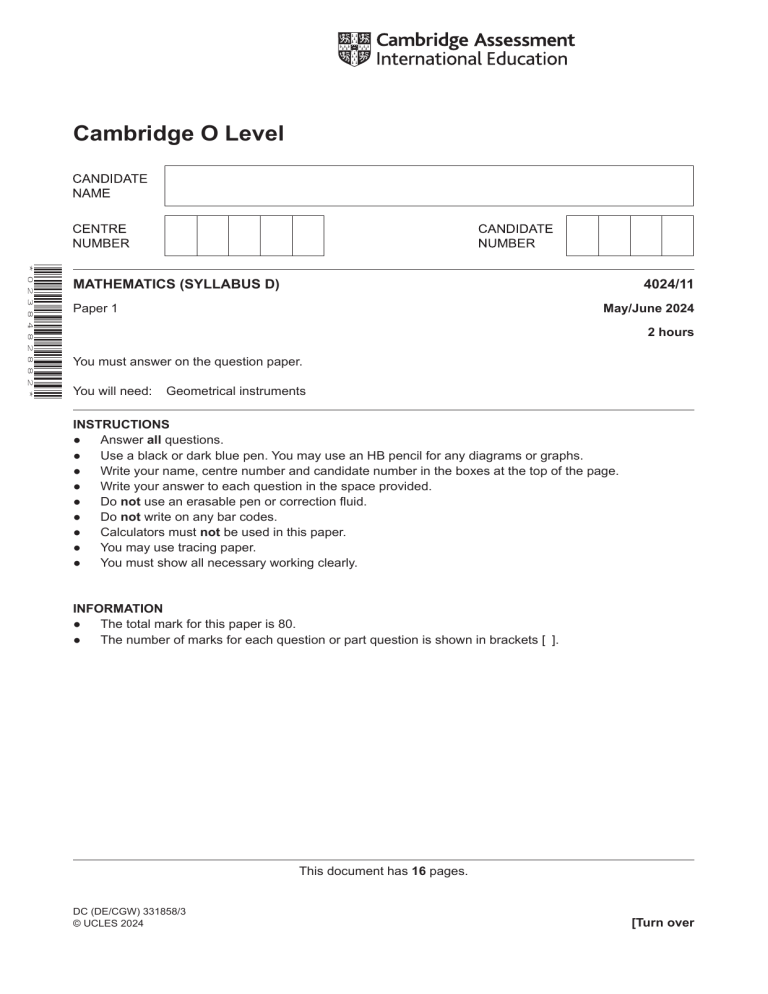 Cambridge O Level Mathematics Exam Paper 4024/11