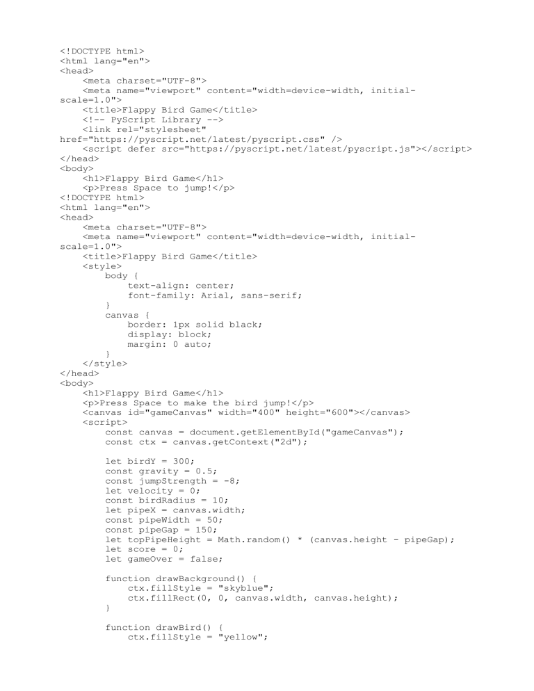 Flappy Bird Game Code - HTML & JavaScript
