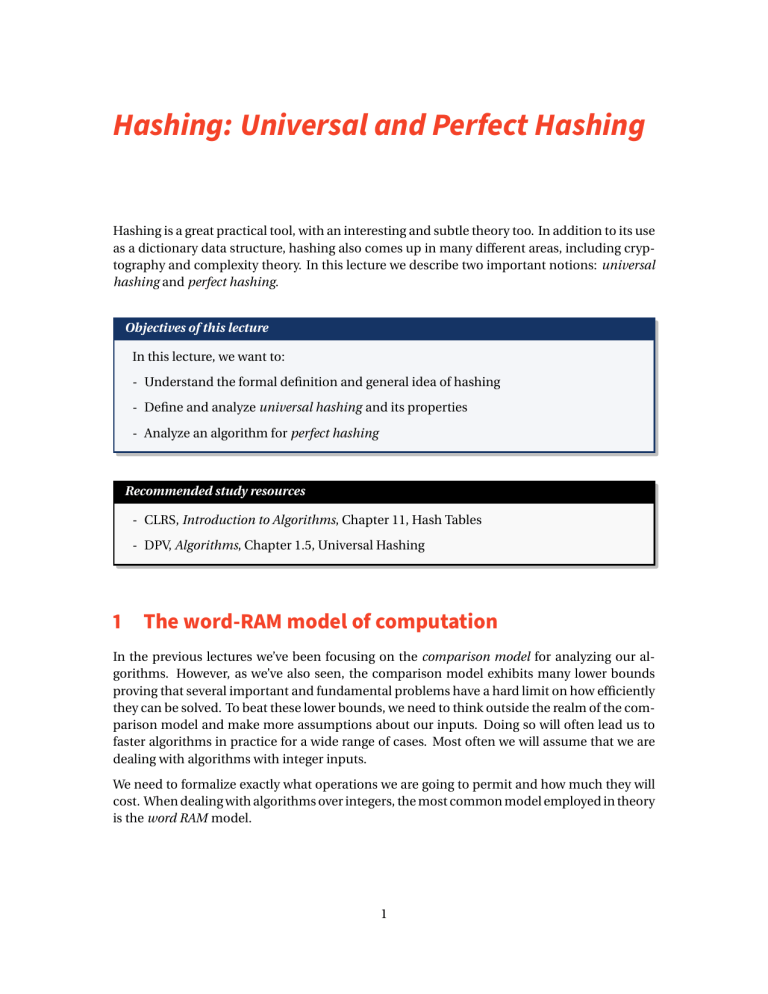 Hashing Universal And Perfect Hashing Lecture Notes
