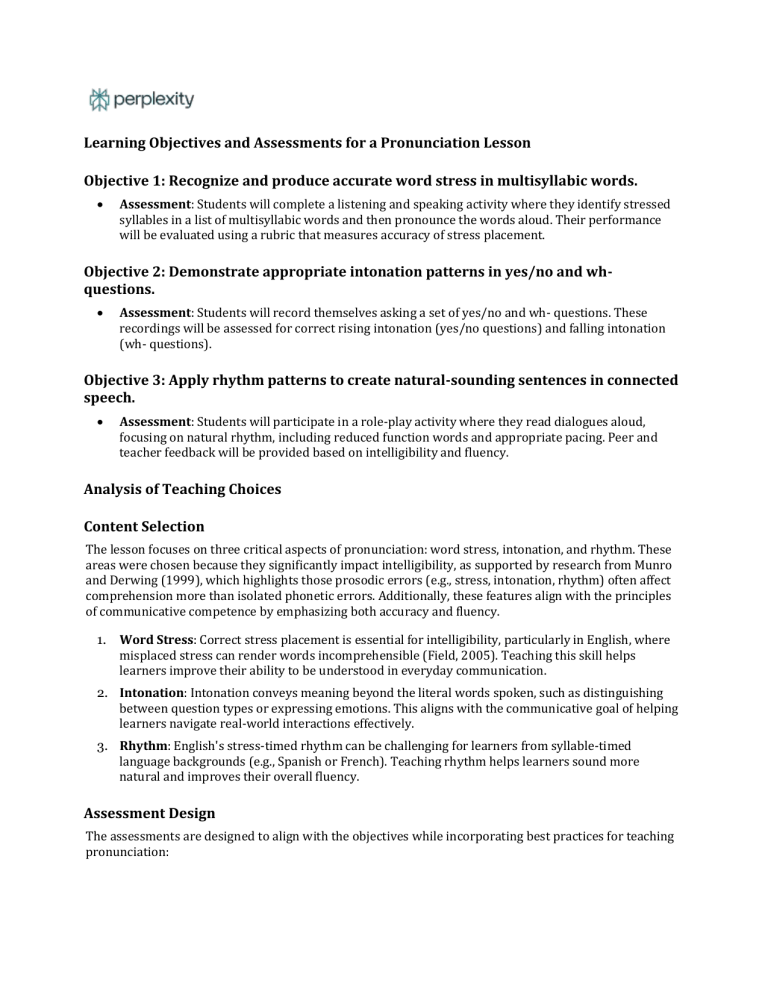 Pronunciation Lesson Plan: Stress, Intonation, Rhythm