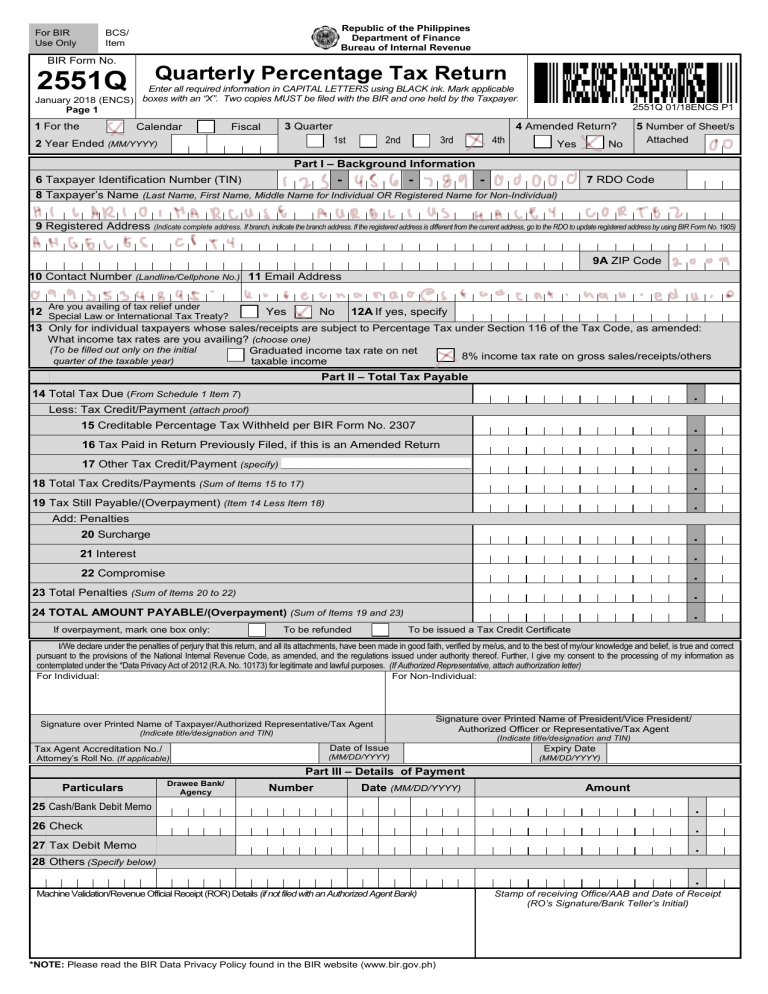 BIR Form 2551Q: Quarterly Percentage Tax Return