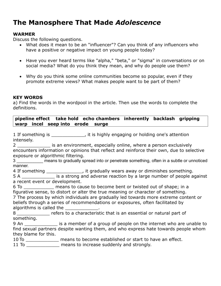 Manosphere Influence: Discussion & Vocabulary Worksheet