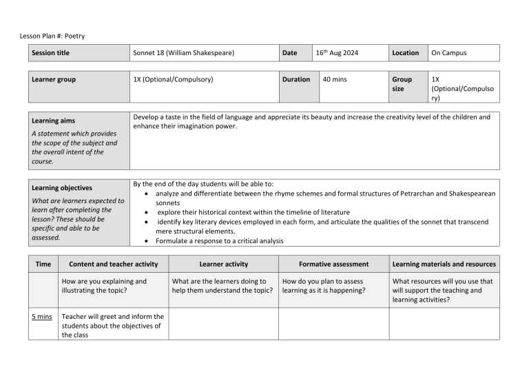 Sonnet 18 Lesson Plan: Shakespearean Poetry Analysis