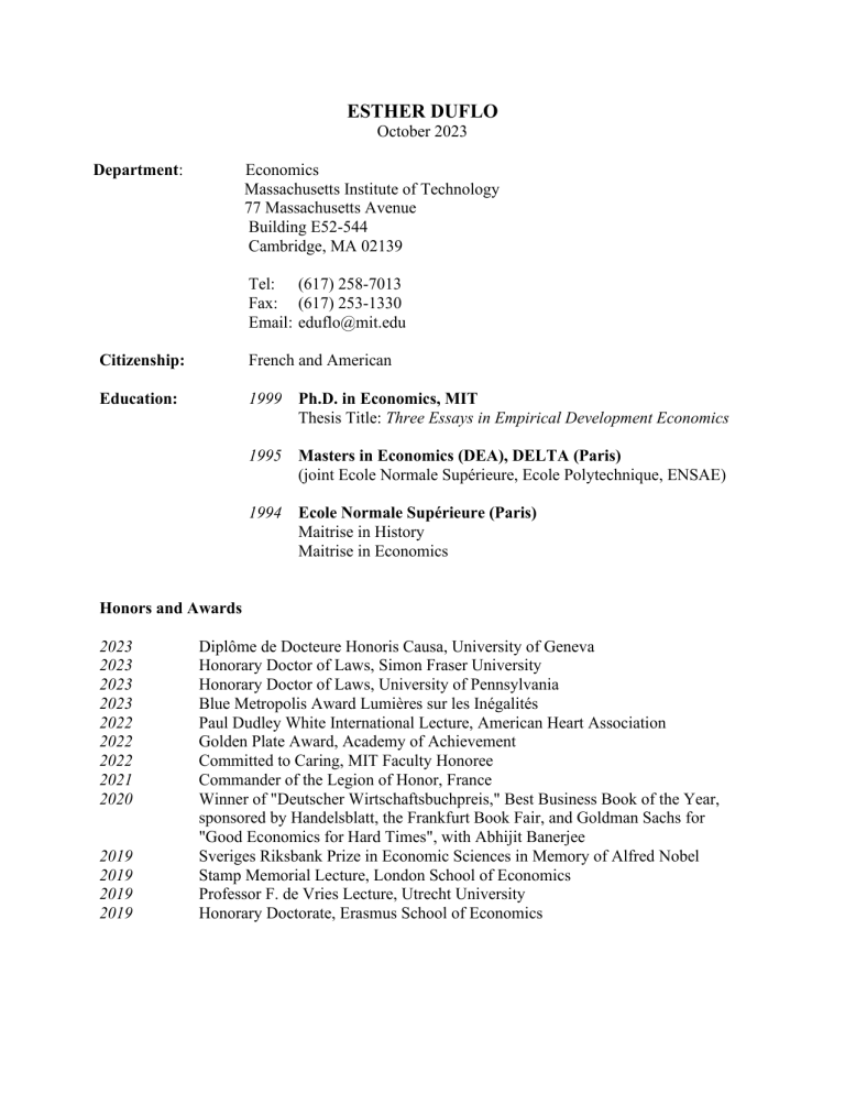 Esther Duflo CV - Economics, MIT | October 2023