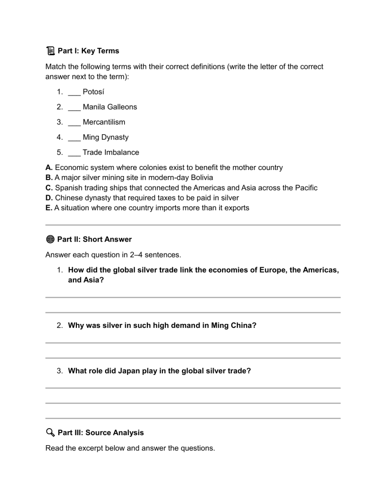 Global Silver Trade Worksheet: Ming Dynasty & Economics