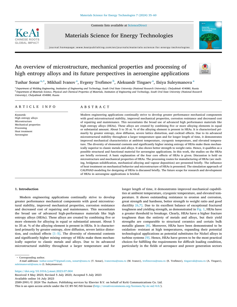High Entropy Alloys: Microstructure, Properties, Aeroengine Use