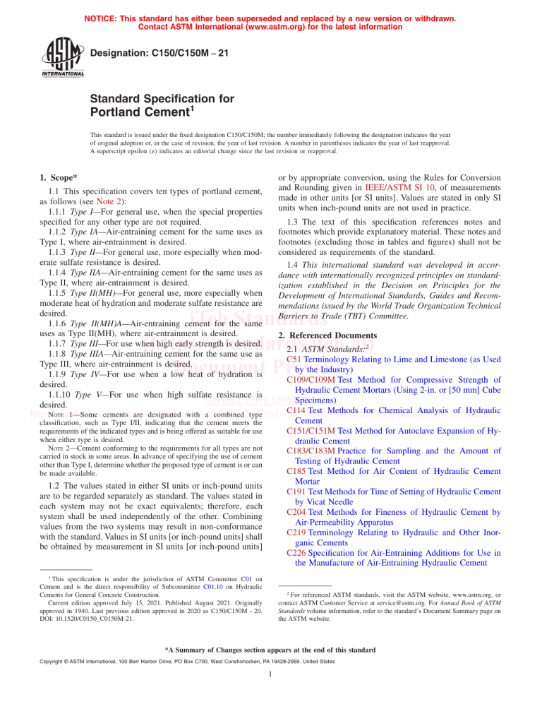 Portland Cement Standard Specification ASTM C150/C150M