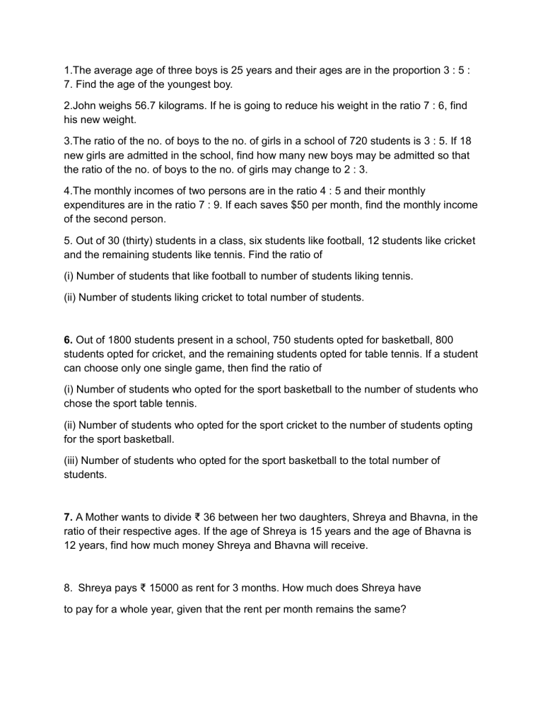 Ratio and Proportion Word Problems Worksheet