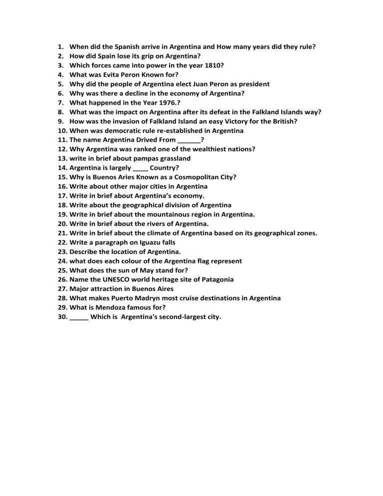Argentina Study Questions: History, Geography, Culture