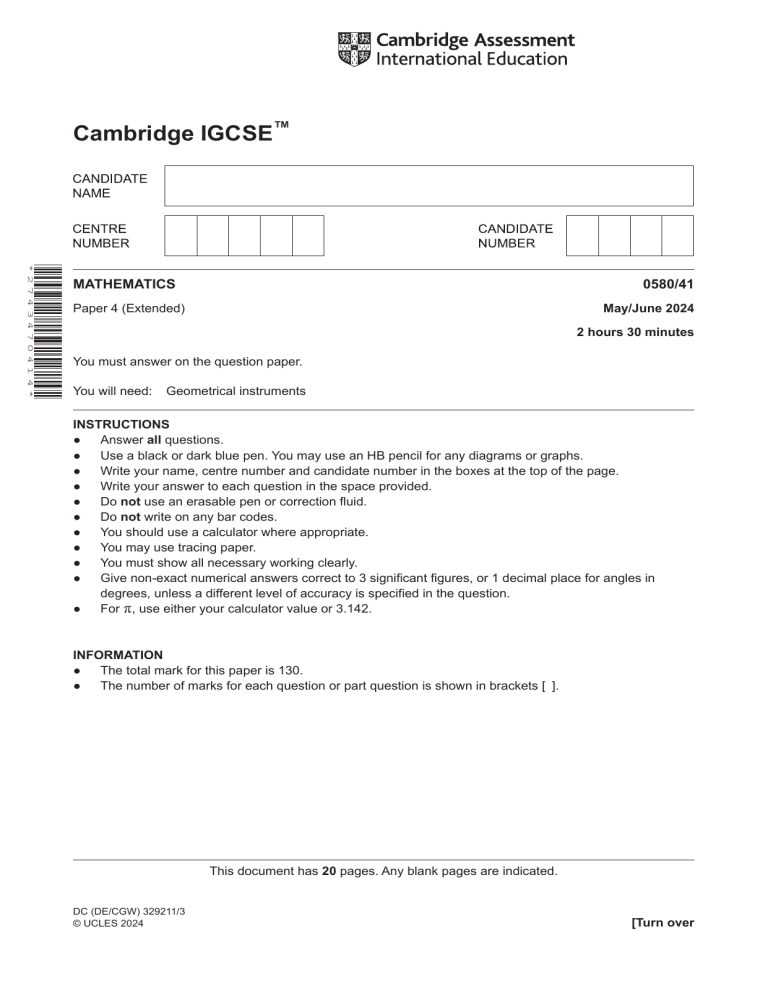 Cambridge IGCSE Mathematics 0580/41 Exam Paper