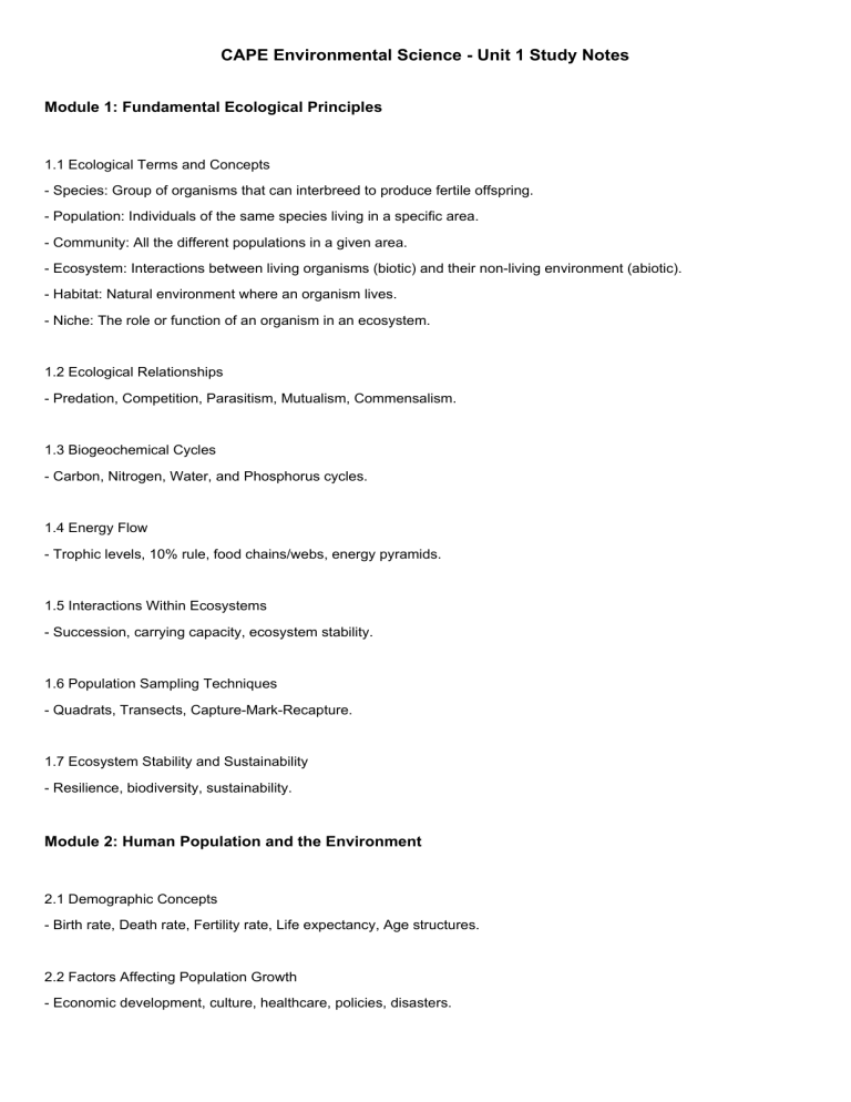 CAPE Environmental Science Unit 1 Study Notes