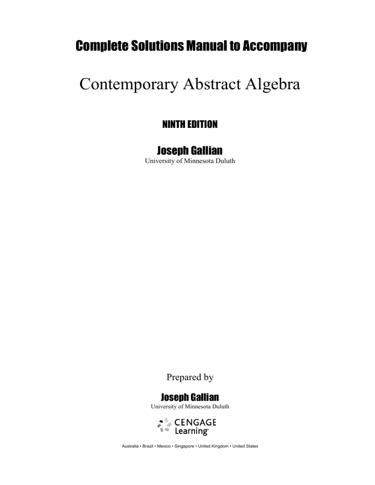 Solutions Manual: Contemporary Abstract Algebra, 9th Ed.