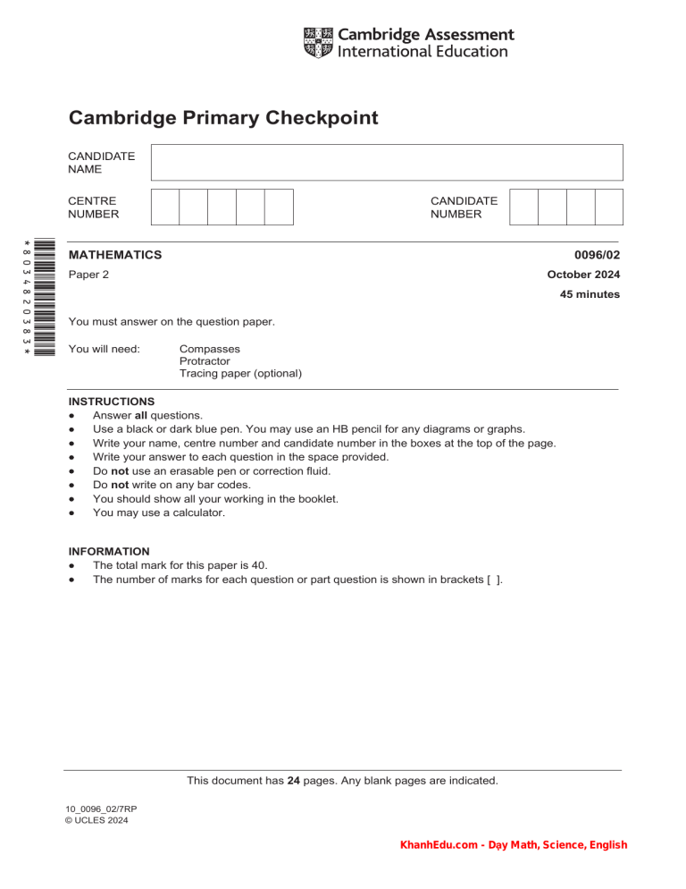 Cambridge Primary Math Checkpoint Paper 2 (Oct 2024)