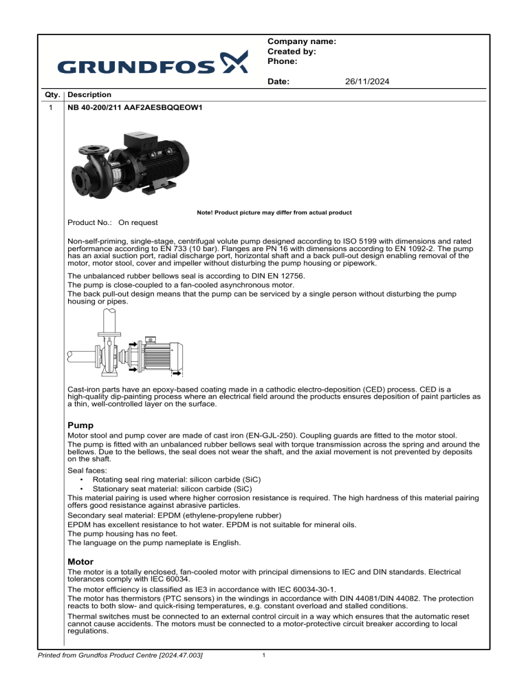 Grundfos NB 40-200/211 Pump Data Sheet