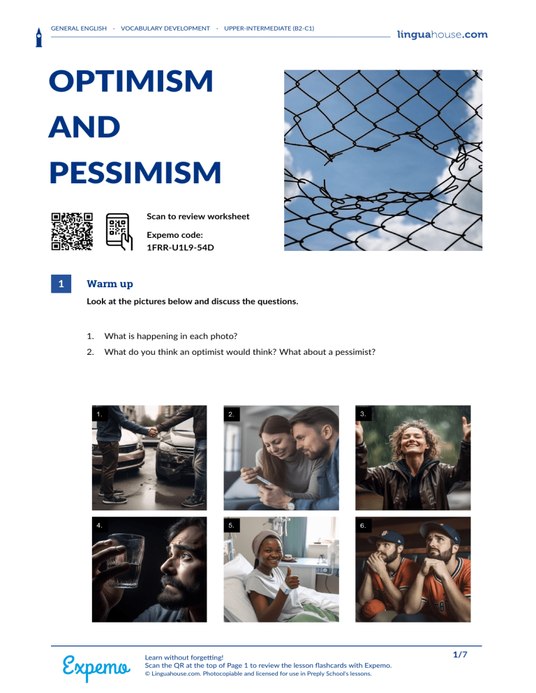 Optimism and Pessimism: Vocabulary & Activities (B2-C1)