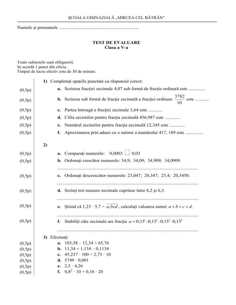 Test Matematică Clasa a V-a: Fracții Zecimale