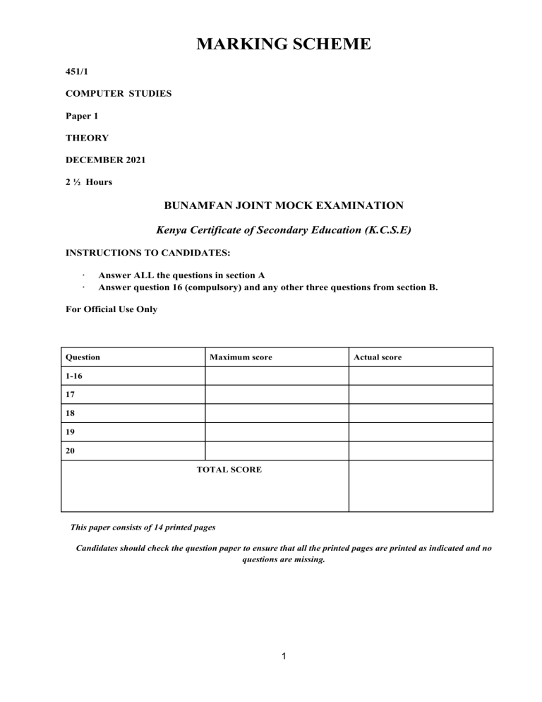 Computer Studies Marking Scheme - KCSE Mock Exam