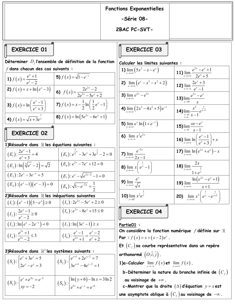 Feuille d'exercices sur les fonctions exponentielles - Maths Lycée