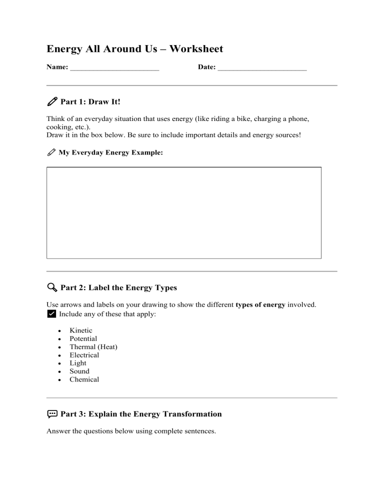 Energy Transformation Worksheet: Everyday Examples