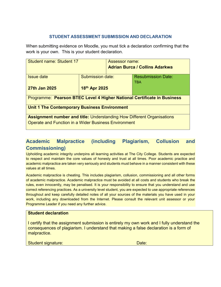 Business Environment Assignment Brief: Micro & Macro Impacts