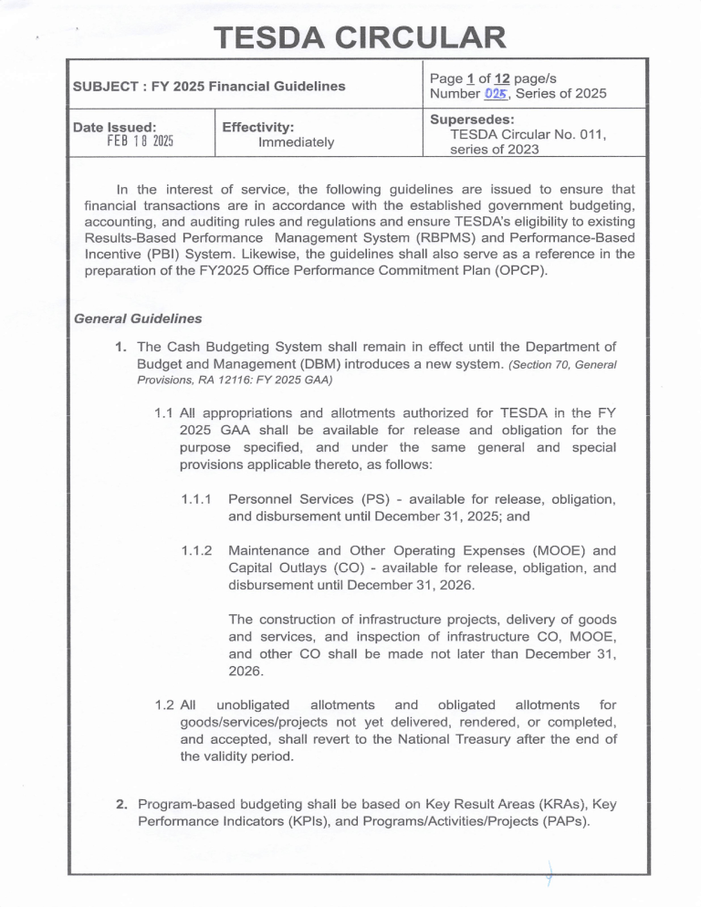 TESDA FY 2025 Financial Guidelines
