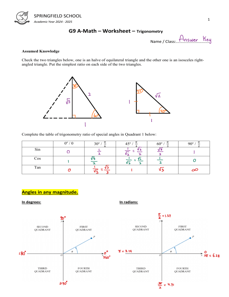 G9 Trigonometry Worksheet: Angles & Ratios
