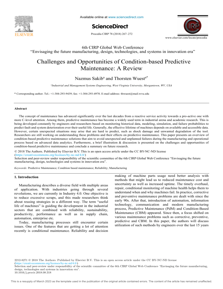 Predictive Maintenance: Challenges & Opportunities Review