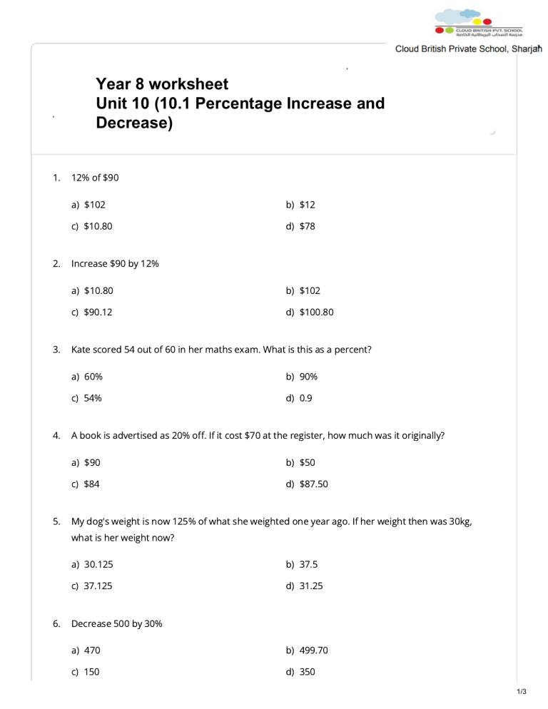 Percentage Increase & Decrease Worksheet - Year 8