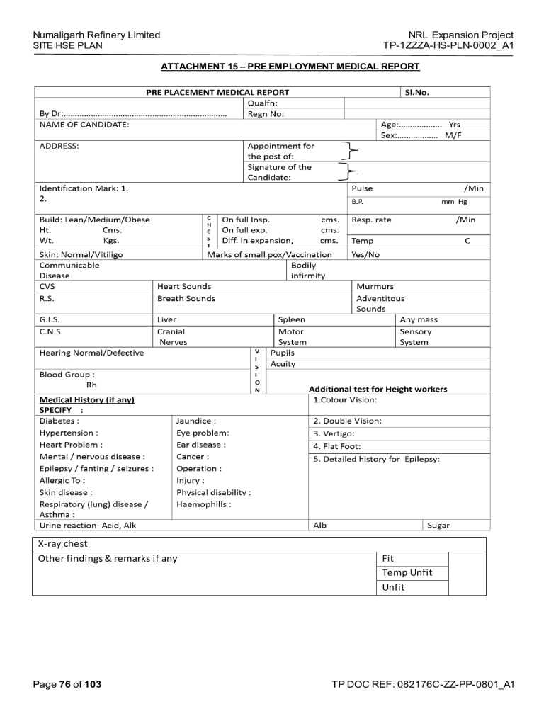 NRL Expansion: Pre-Employment Medical Report Requirements