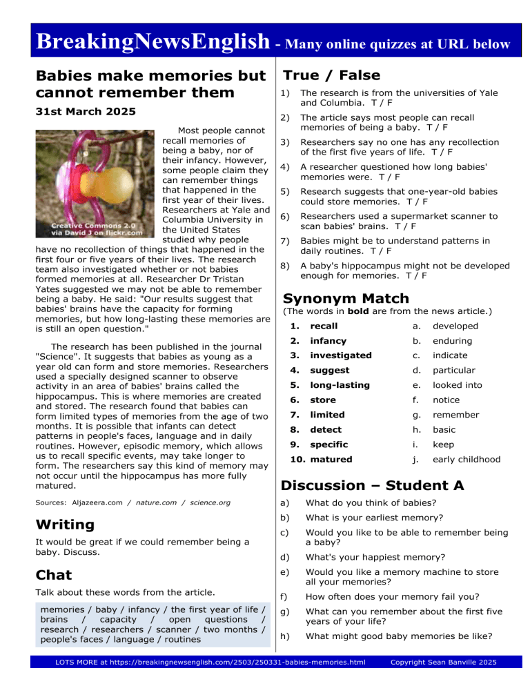 Infant Memory Worksheet: Science & Psychology
