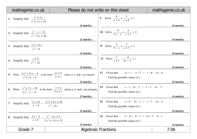 Algebraic Fractions Worksheet: Simplify & Solve Equations