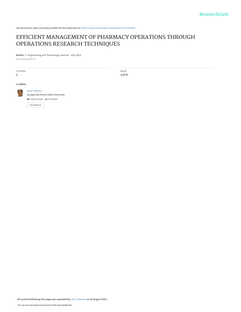 Pharmacy Operations Management with Operations Research