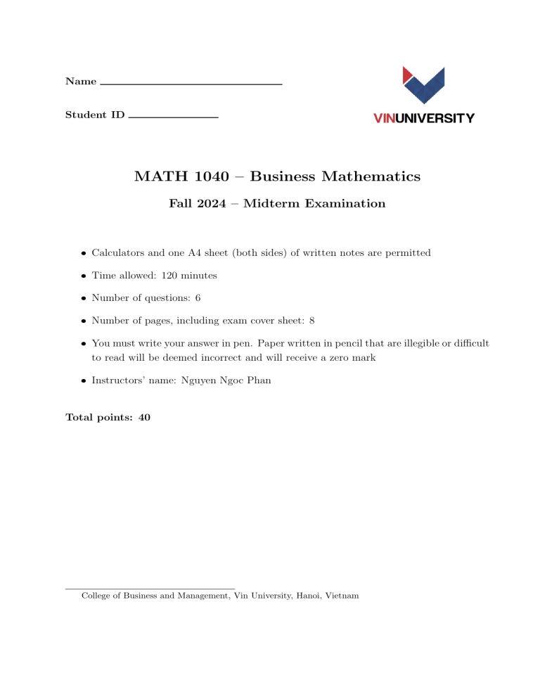 Business Math Exam: MATH 1040 - Fall 2024