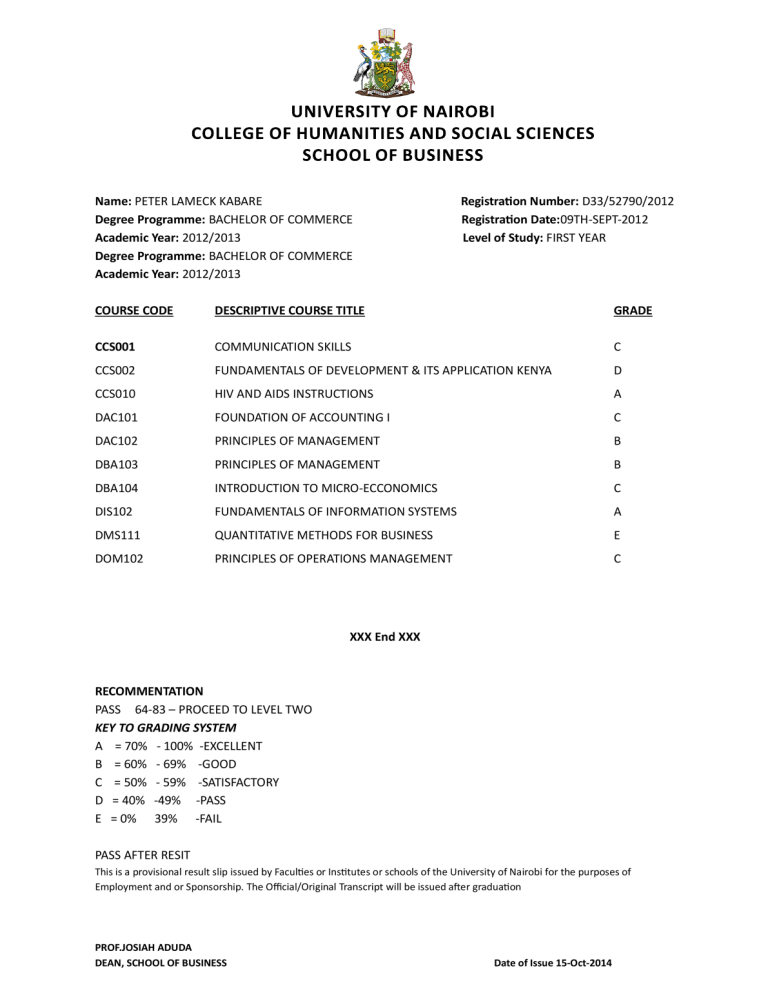 University of Nairobi Transcript - Peter Lameck Kabare