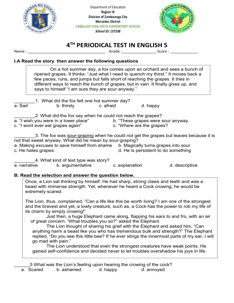 English 5th Grade Test: Reading, Grammar, Multimedia