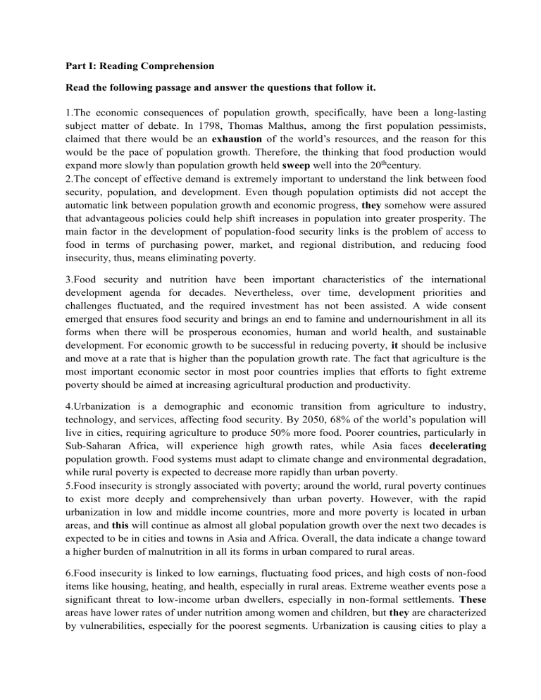 Population Growth, Food Security & Urbanization