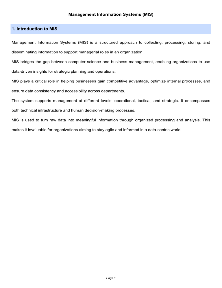 Management Information Systems (MIS) Overview